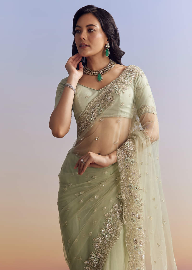 Buy Mint Green Net Saree With Heavy Embroidery | KALKI Fashion USA