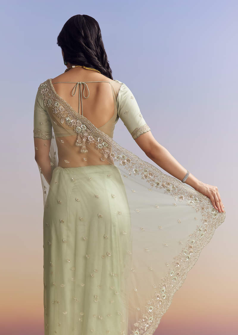 Buy Mint Green Net Saree With Heavy Embroidery | KALKI Fashion USA