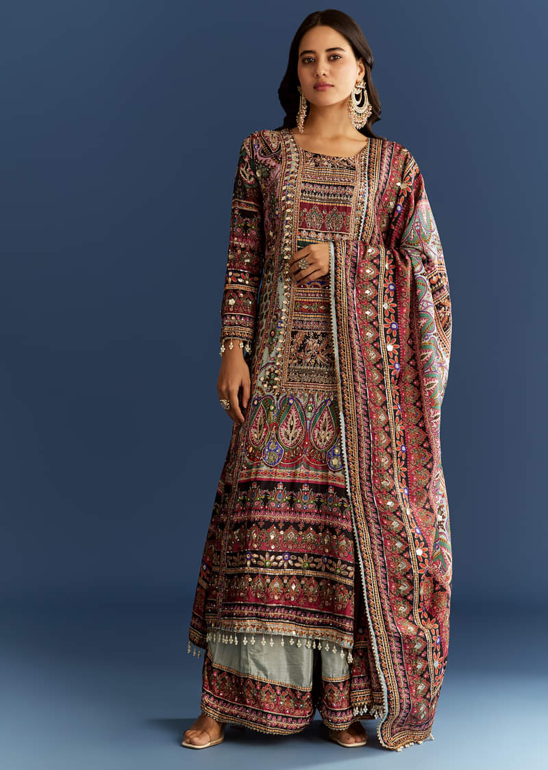 Buy Multicolor Tabby Silk Printed Kurta Dupatta Suit With Patch Stone ...