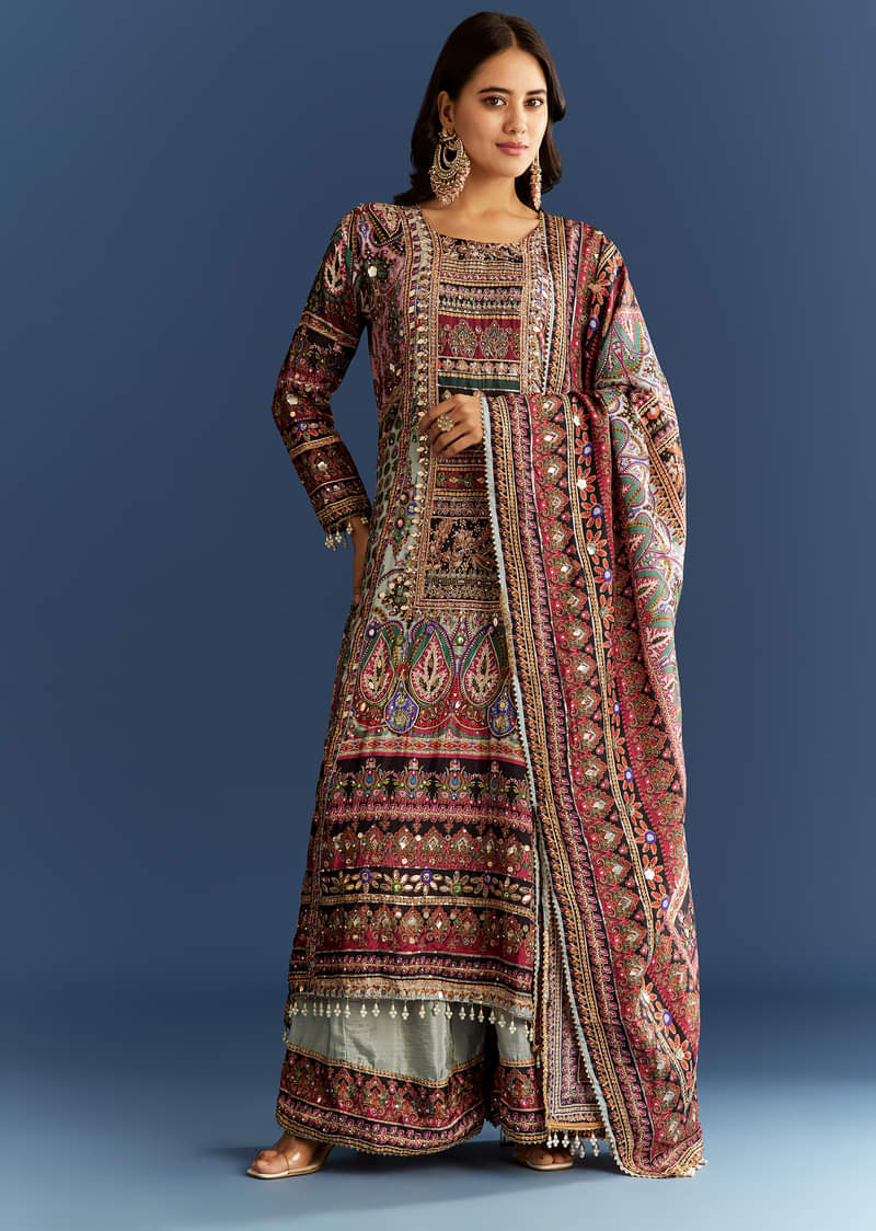 Buy Multicolor Tabby Silk Printed Kurta Dupatta Suit With Patch Stone ...