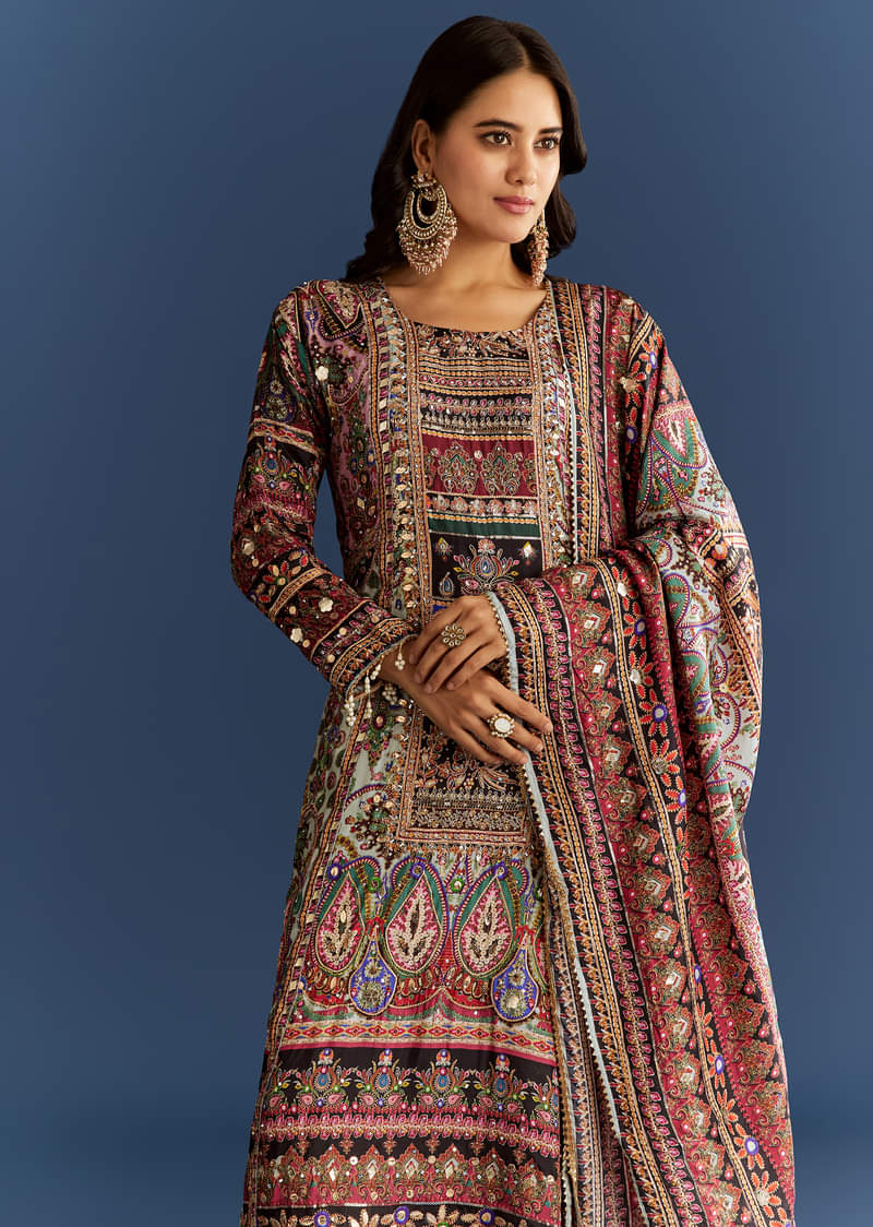 Buy Multicolor Tabby Silk Printed Kurta Dupatta Suit With Patch Stone ...
