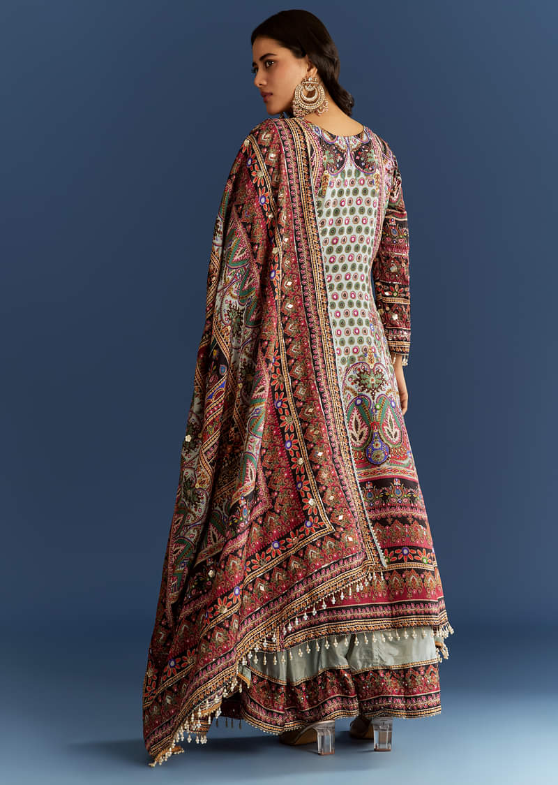 Buy Multicolor Tabby Silk Printed Kurta Dupatta Suit With Patch Stone ...