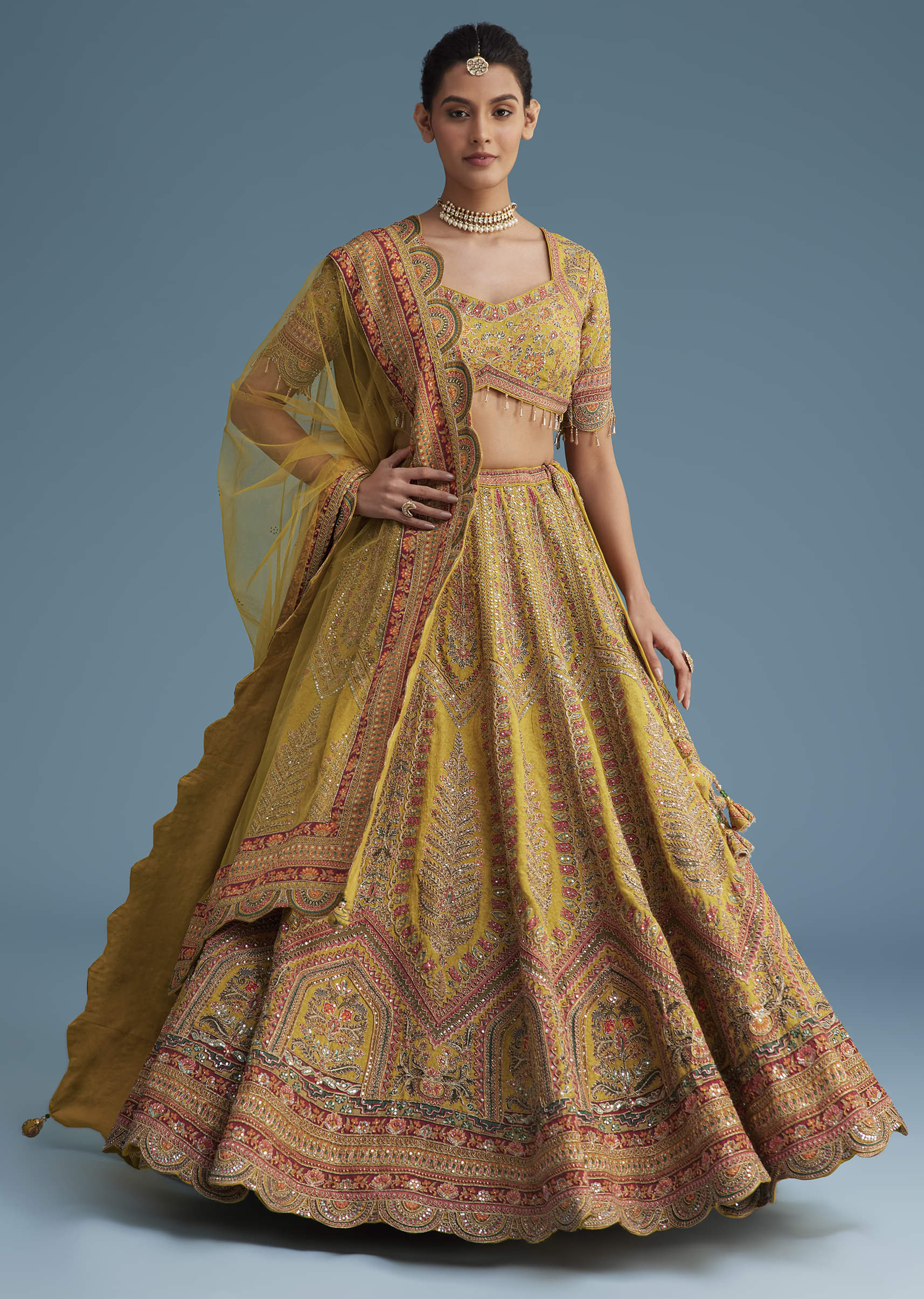Buy Mustard Crepe Lehenga Set With Floral Motif And Embroidery