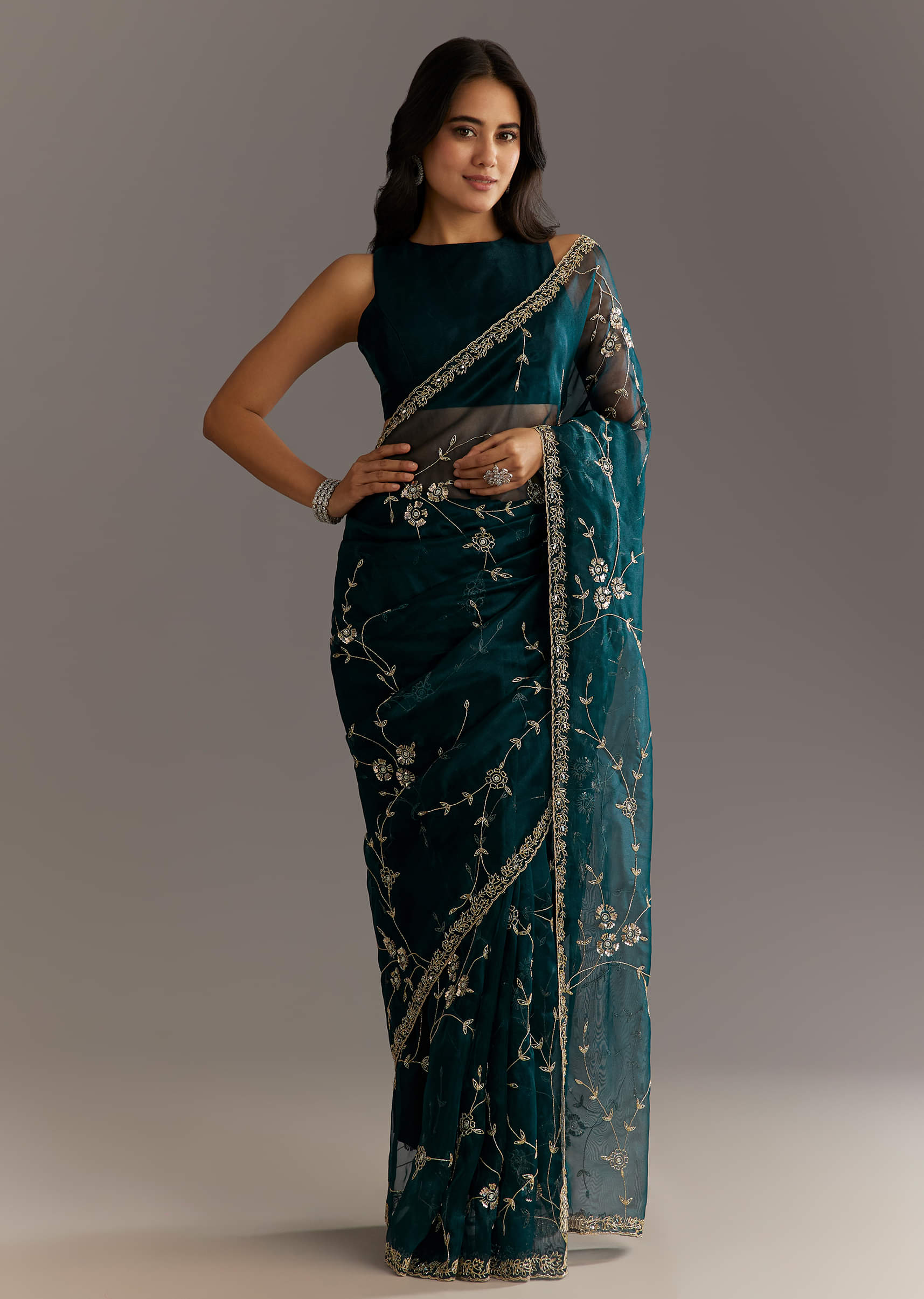 Buy Navy Blue Floral Jaal Embroidered Tissue Saree With Cutdana And Sequins