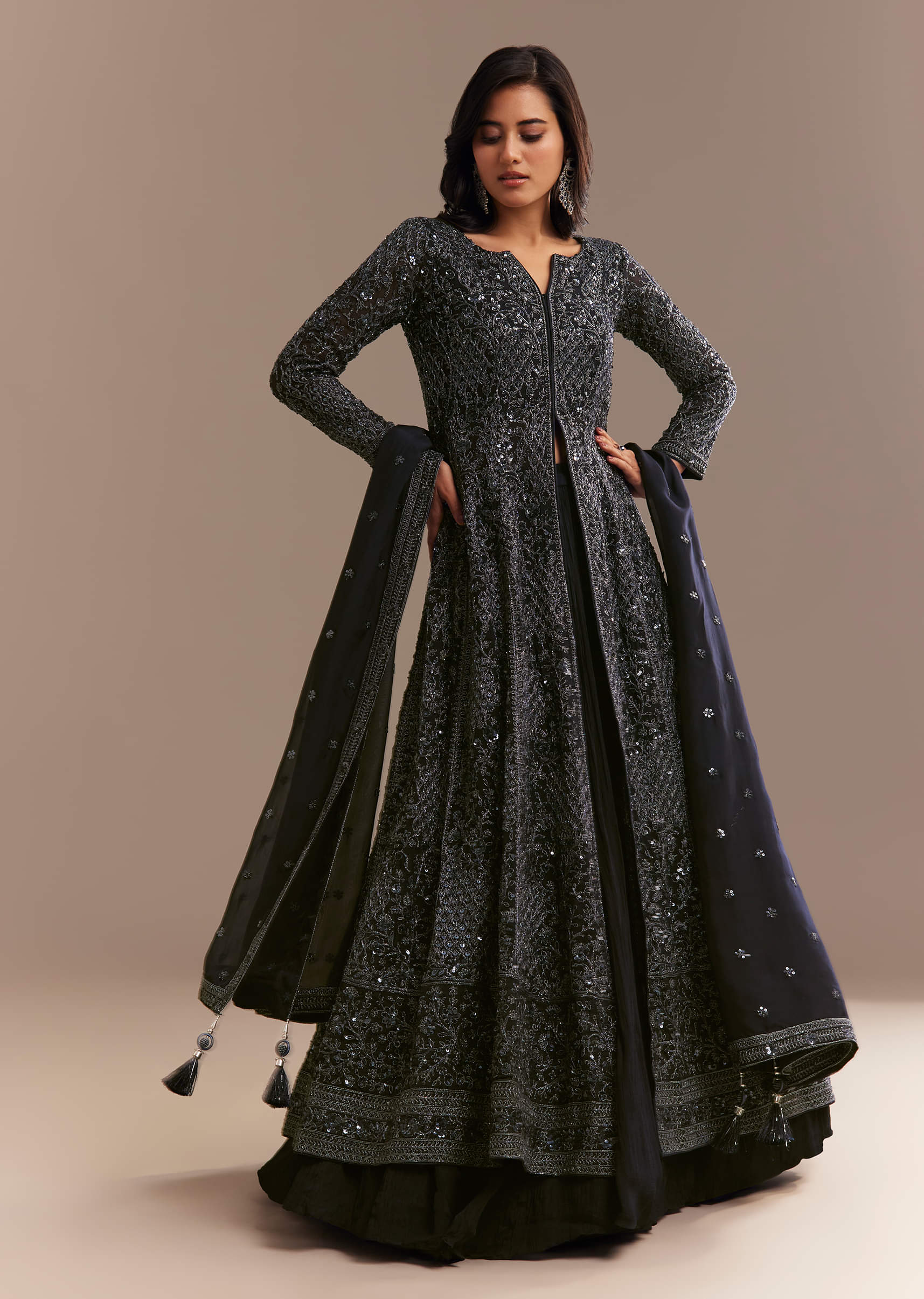 Buy Navy Blue Sequined High Slit Kurta Lehenga Set| KALKI Fashion India