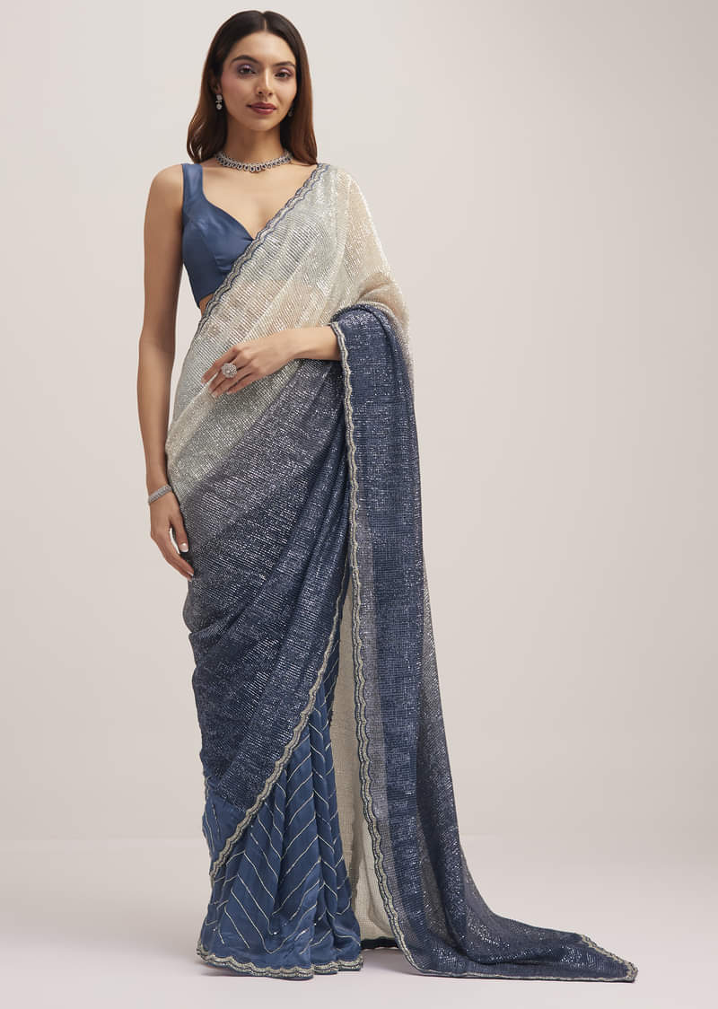 Buy Navy Blue Dual Shaded Sequins Saree With Scalloped Border| KALKI Fashion India