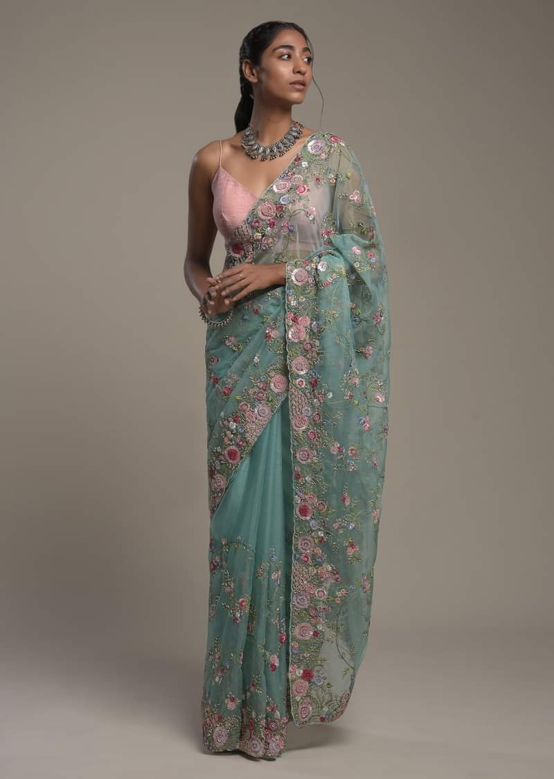 Buy Ocean Green Saree In Organza With Hand Embroidery Work In Floral Design And Unstitched Blouse Online Kalki Fashion