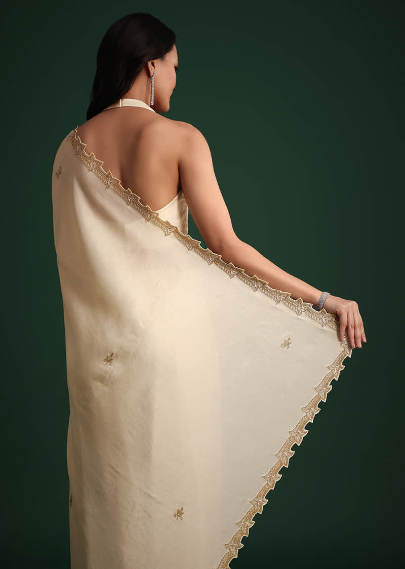Buy Off White Tissue Cutdana Saree With Cutwork Border