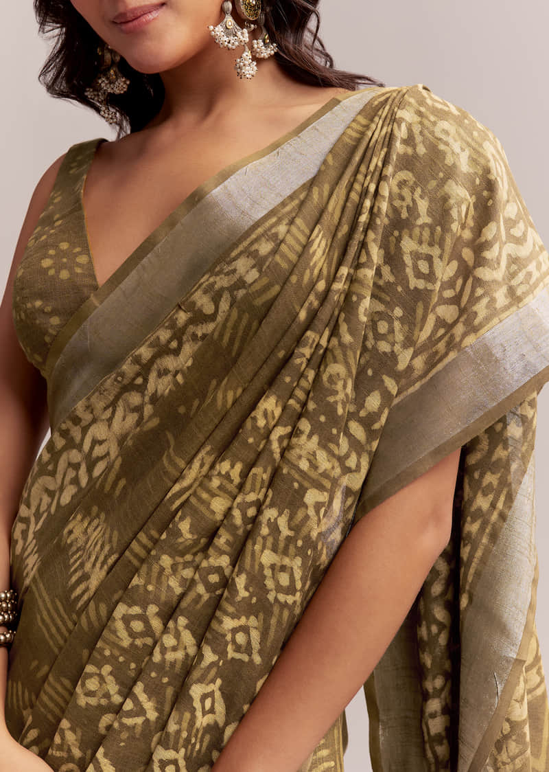 Buy Olive Green Linen Saree with Geometric Ajrakh Print | KALKI Fashion USA