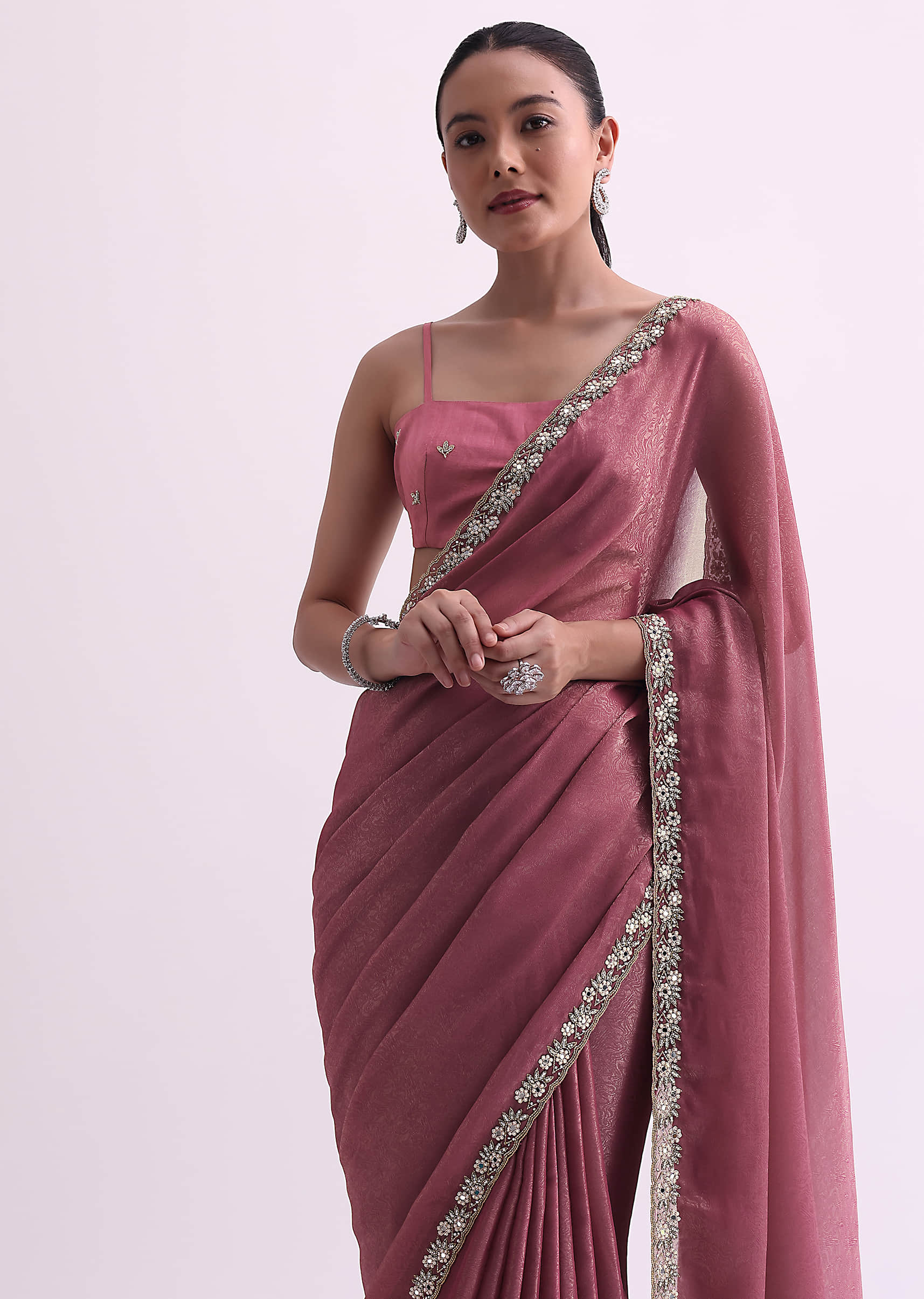 Buy Onion Pink Textured Satin Saree With Cutdana Work And Unstitched ...
