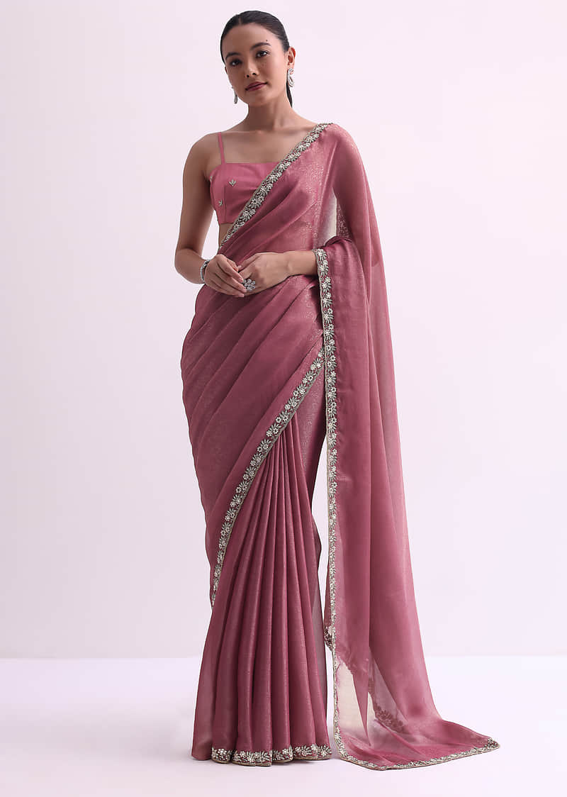 Buy Onion Pink Textured Satin Saree With Cutdana Work And Unstitched ...