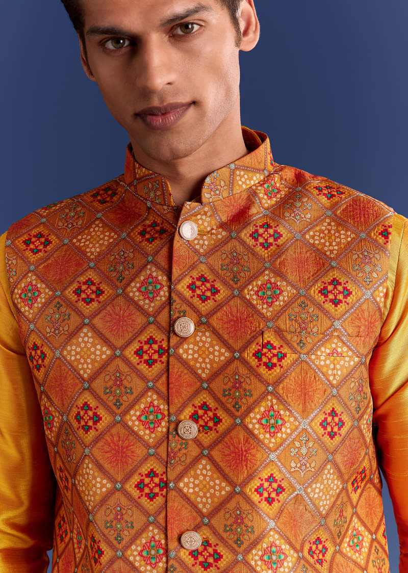 Buy Orange Brocade Kurta Jacket Set With Geometric Print