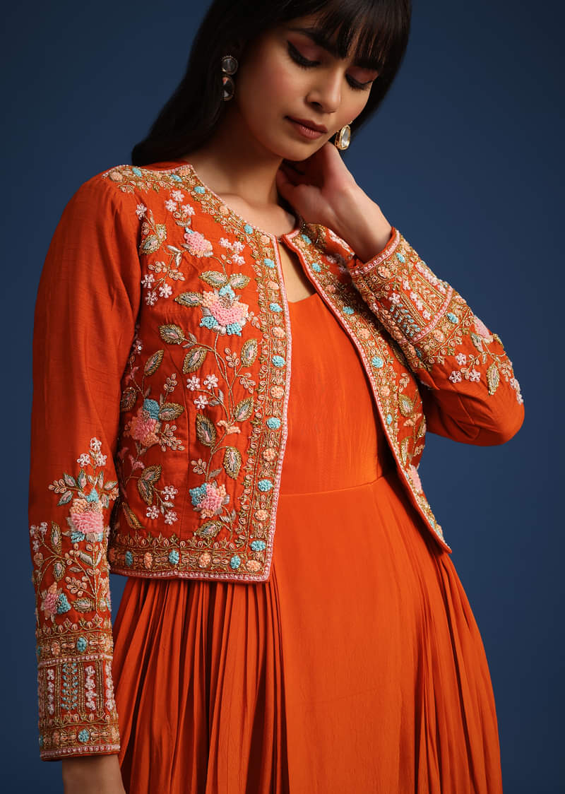 Buy Orange Dhoti Style Gown With Embroidered Jacket
