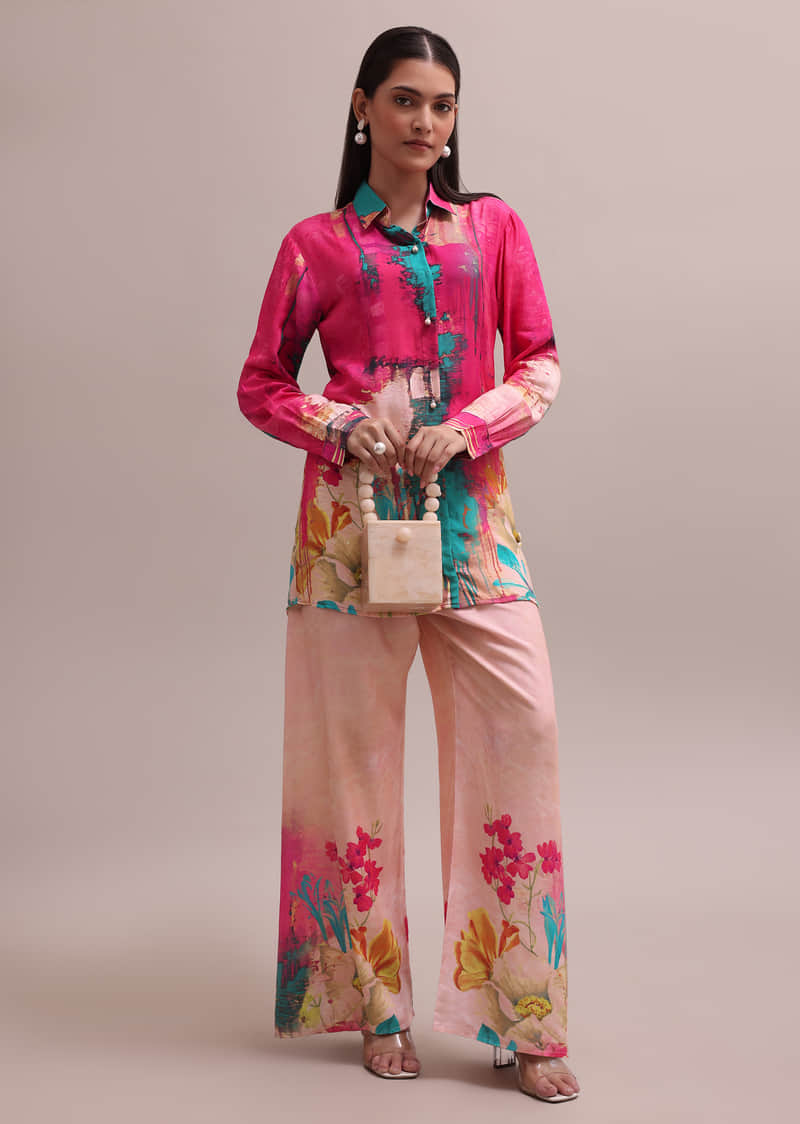 Buy Pastel Pink Shell Worked Linen Summer Co-ord Set With Abstract ...