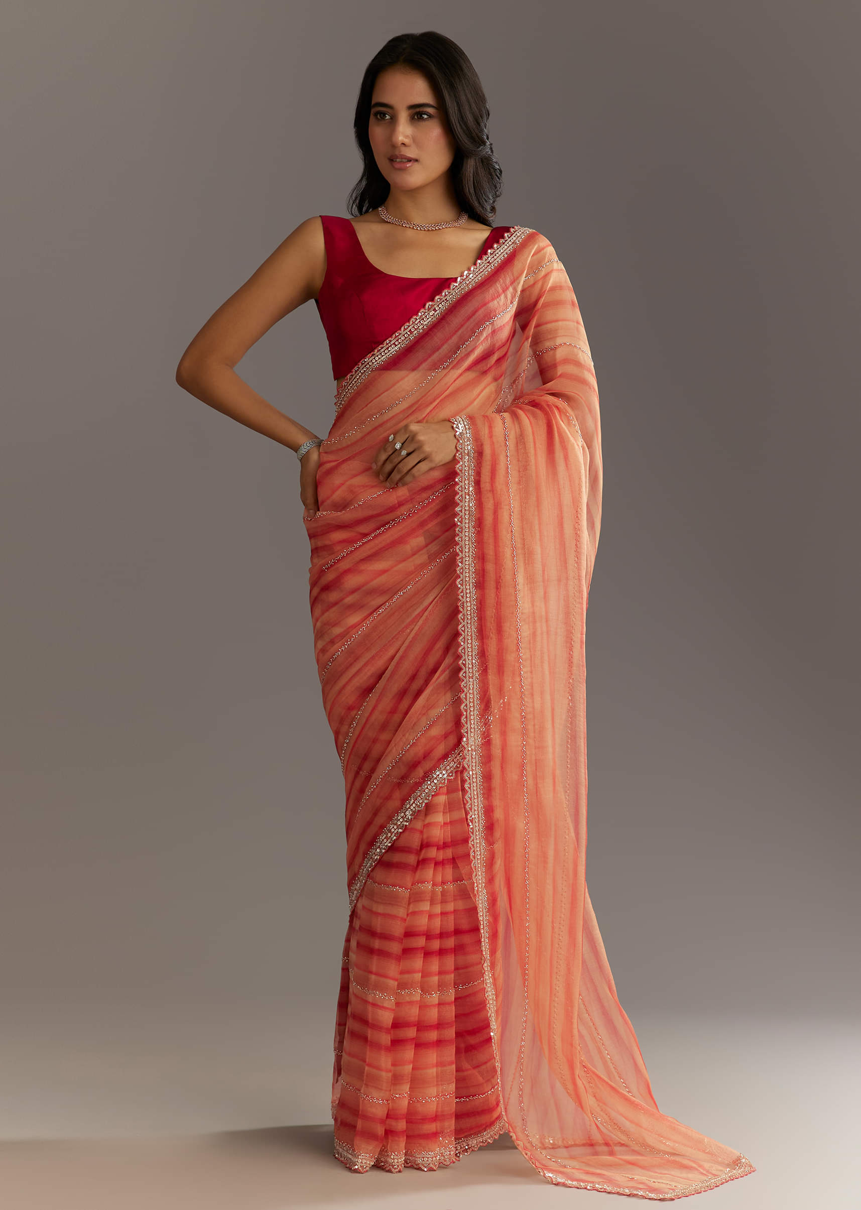 Buy Peach Red Shaded Tissue Saree With Cutwork Scallop Border| KALKI ...