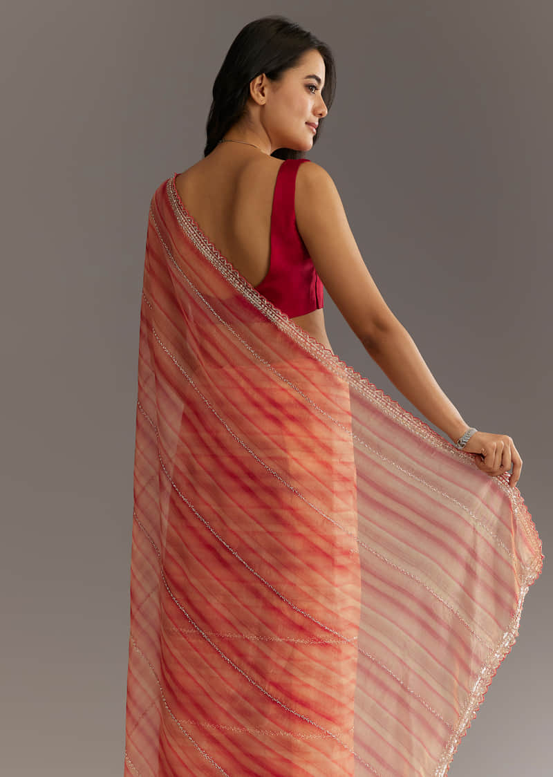 Buy Peach Red Shaded Tissue Saree With Cutwork Scallop Border| KALKI ...