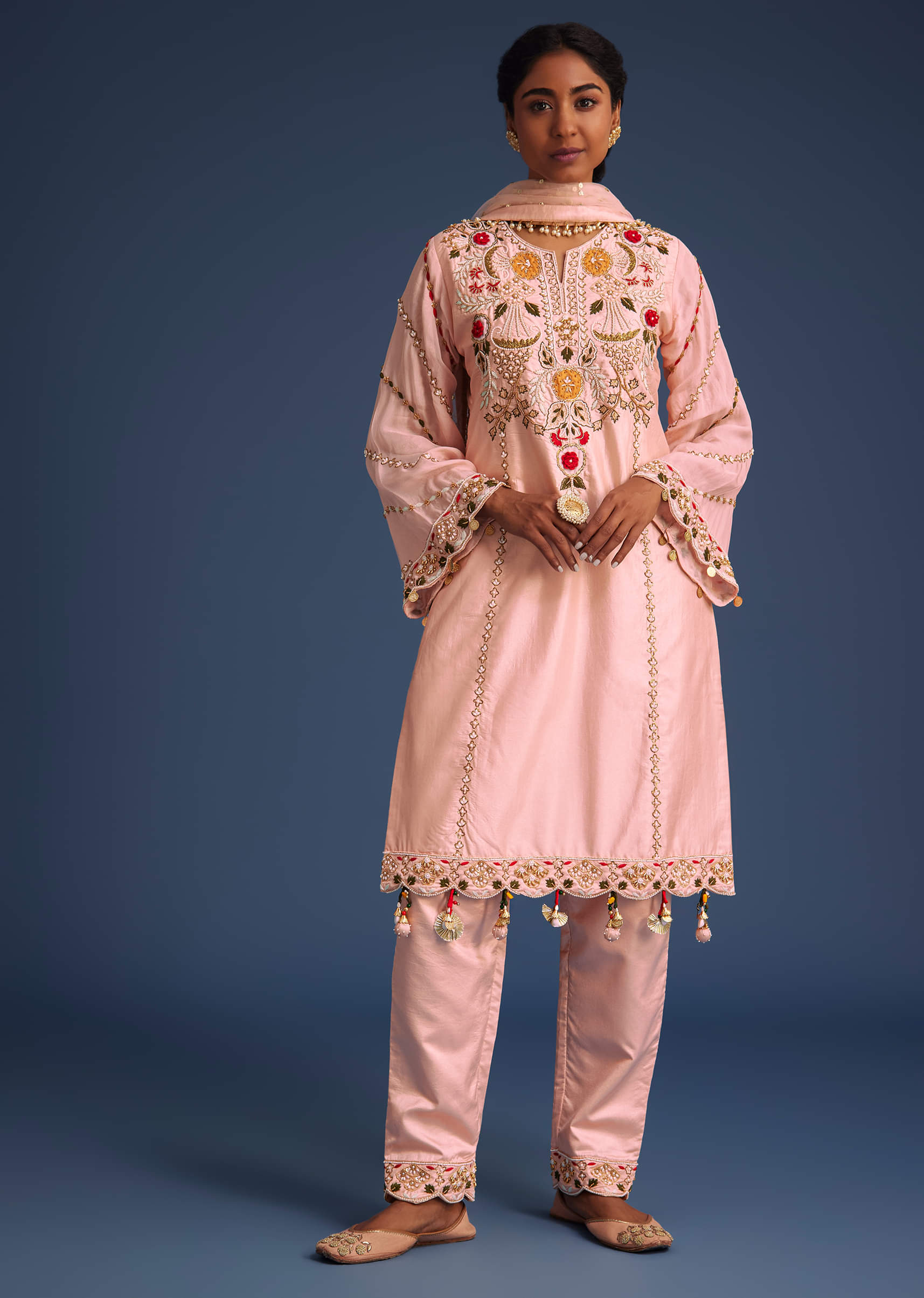 Buy Peach Kurta Set With Zardosi And Sequin Embroidery