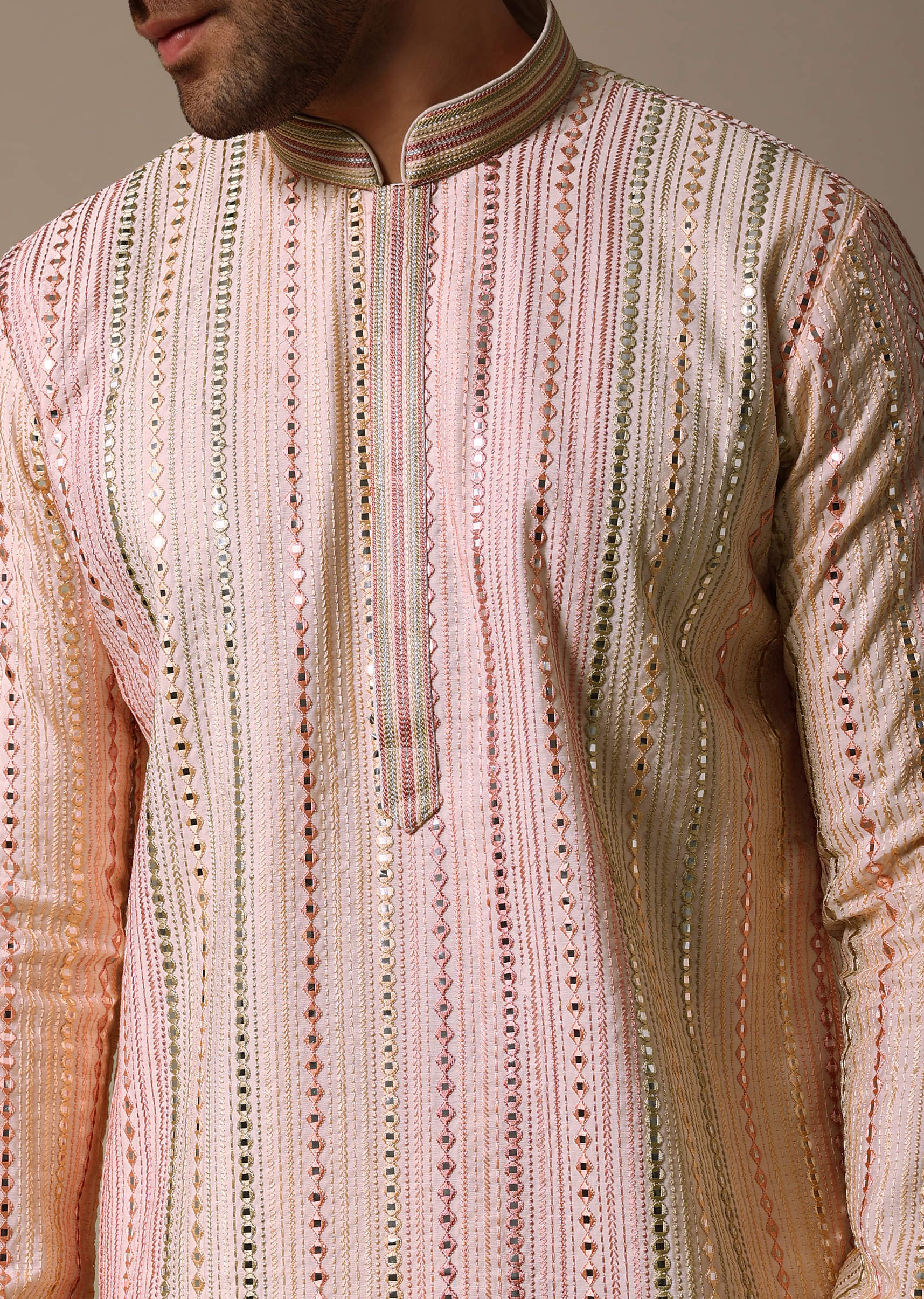 Buy Peach Abla Work Silk Kurta Set For Men | KALKI Fashion India