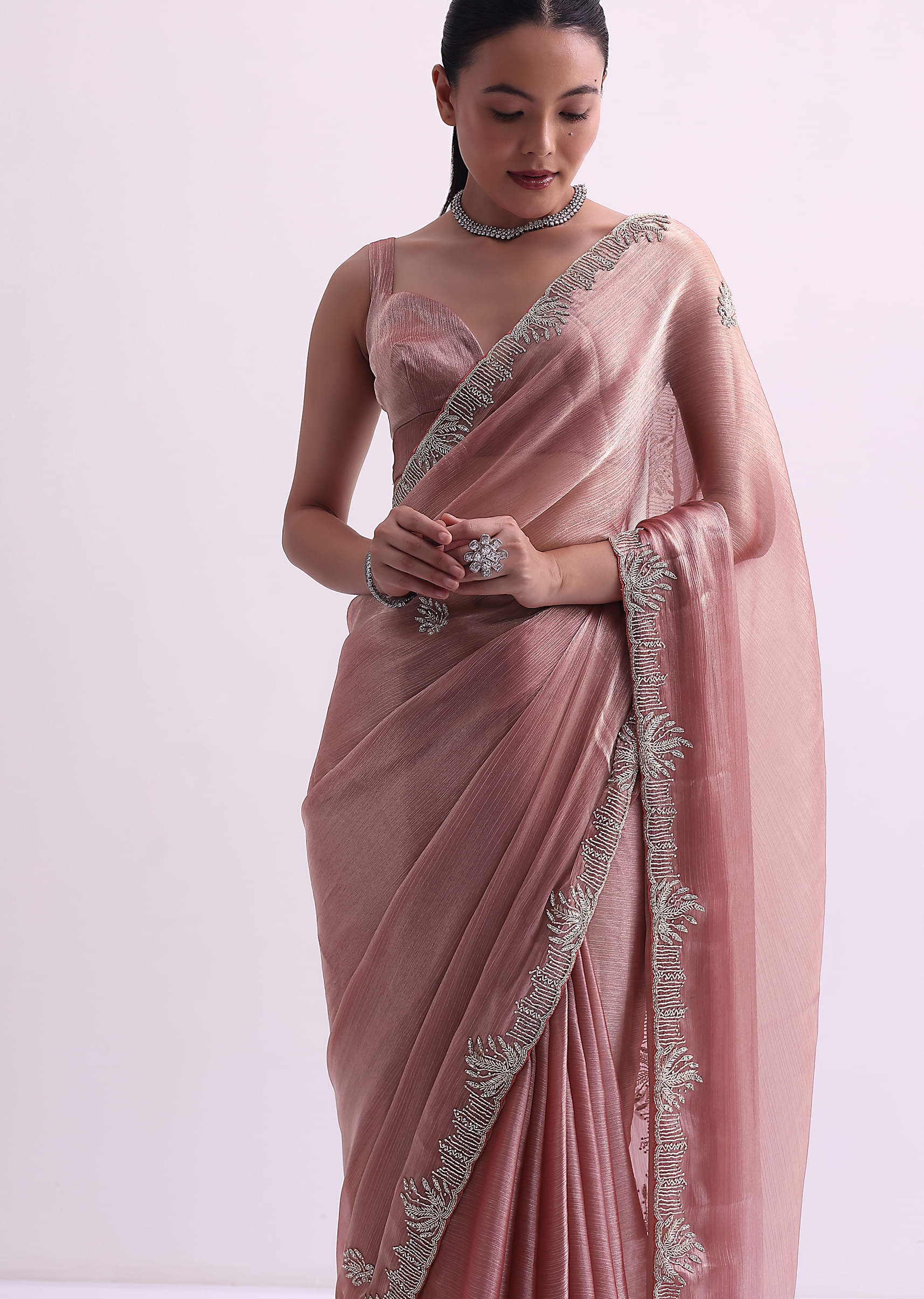 Buy Peach Chiffon Silk Saree With Cutdana Border And Unstitched Blouse Fabric KALKI Fashion Global