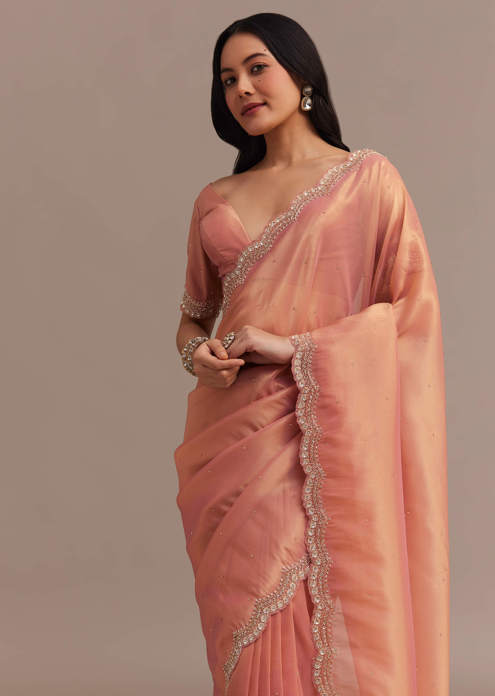 Buy Peach Glass Tissue Saree With Stone And Cutdana Embroidery