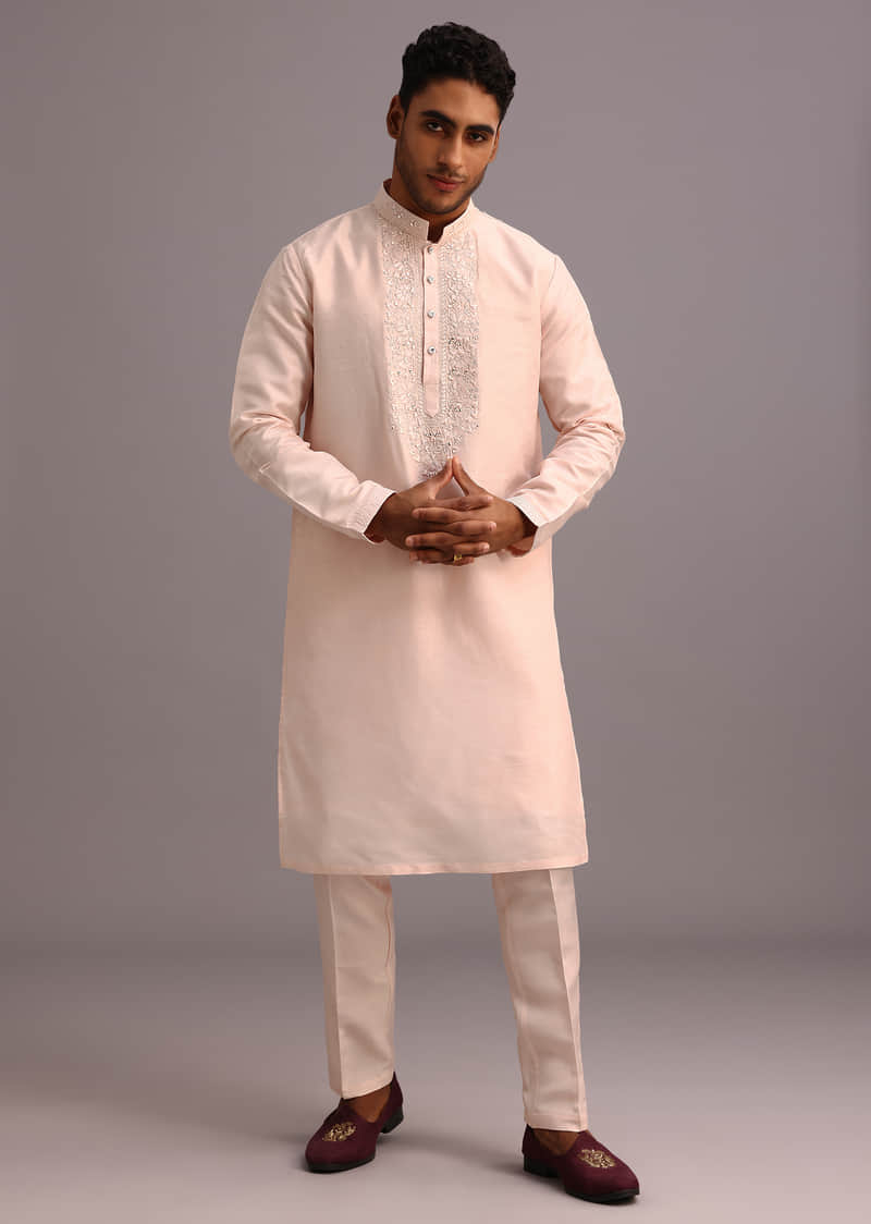 Buy Peach Silk Thread Resham Work Sherwani Set