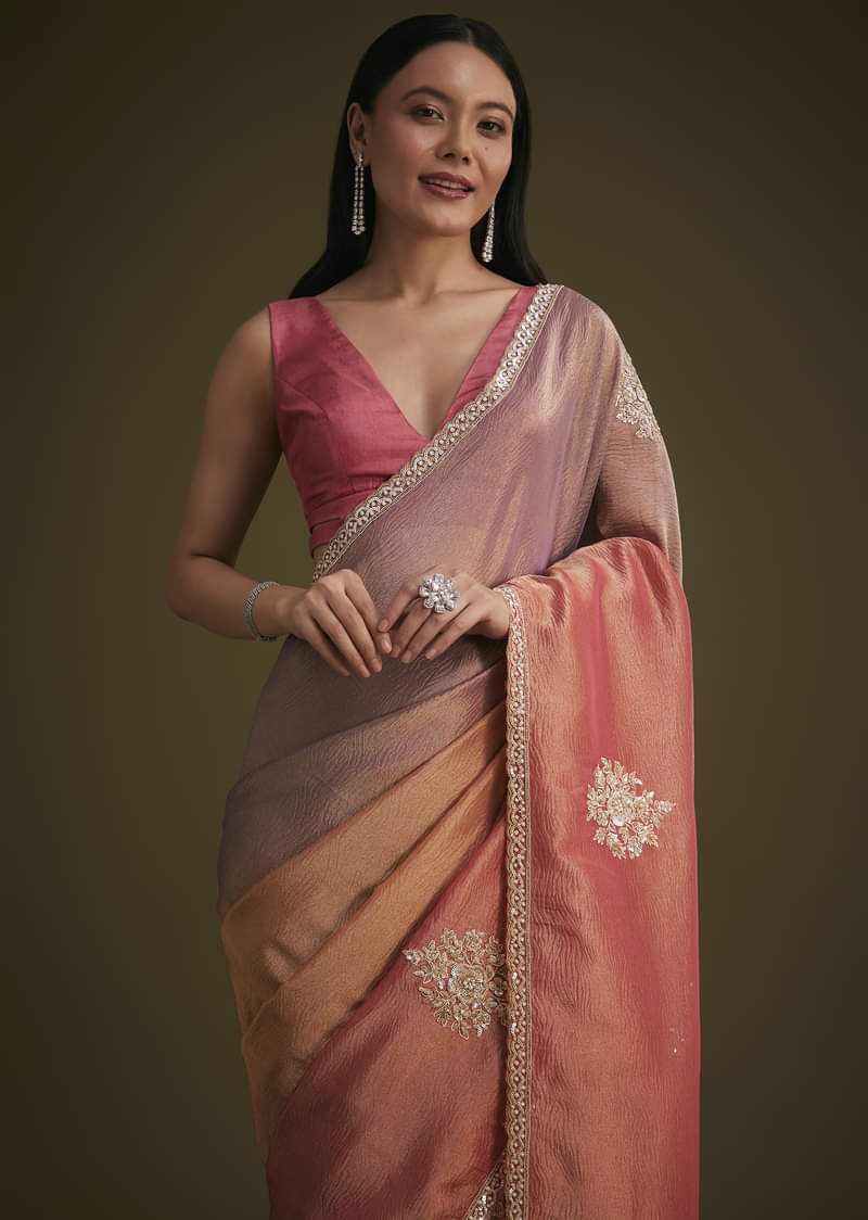Buy Peach Triple Shaded Tissue Saree