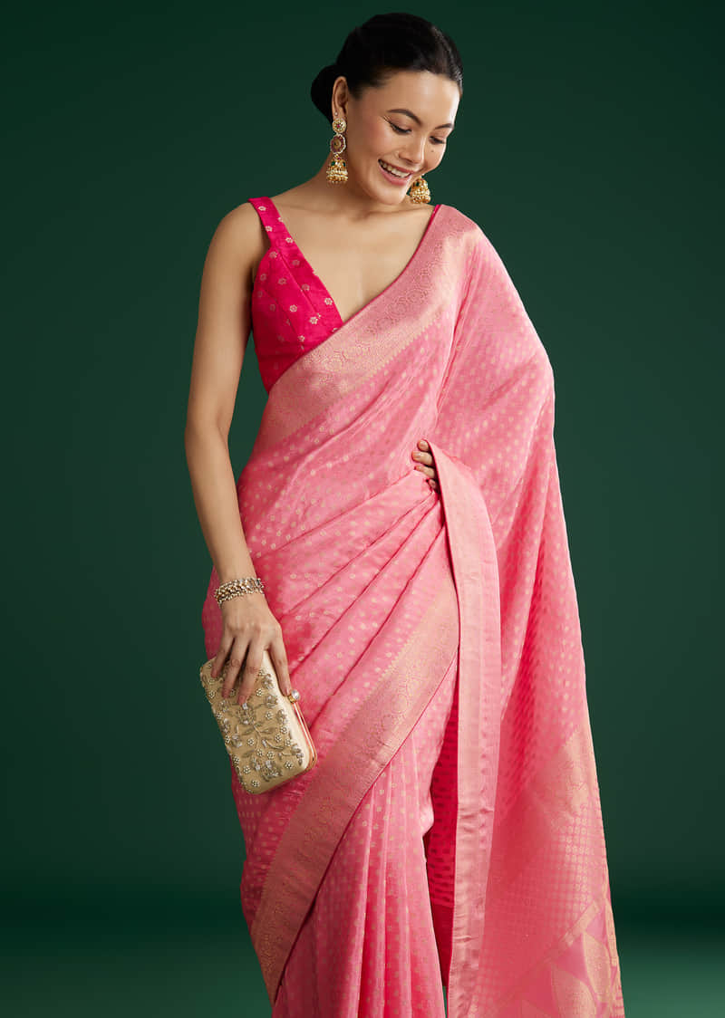 Buy Pink Gajari Dola Silk Saree With Butti Weave| KALKI Fashion Global