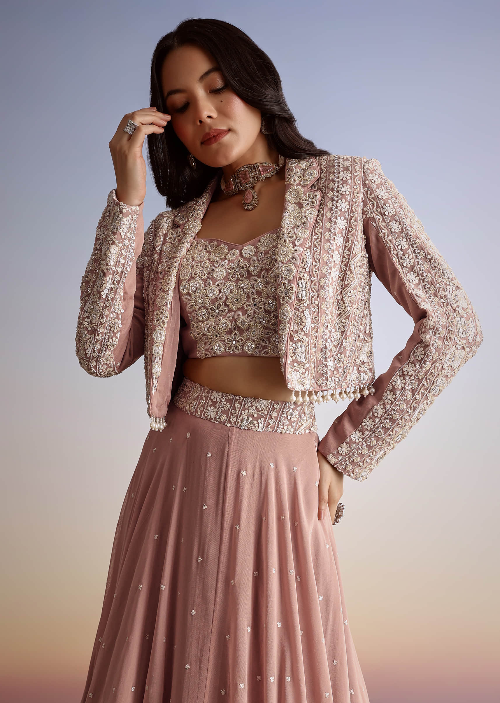 Buy Pink Georgette Moti Resham Work Lehenga Jacket Set| KALKI Fashion ...
