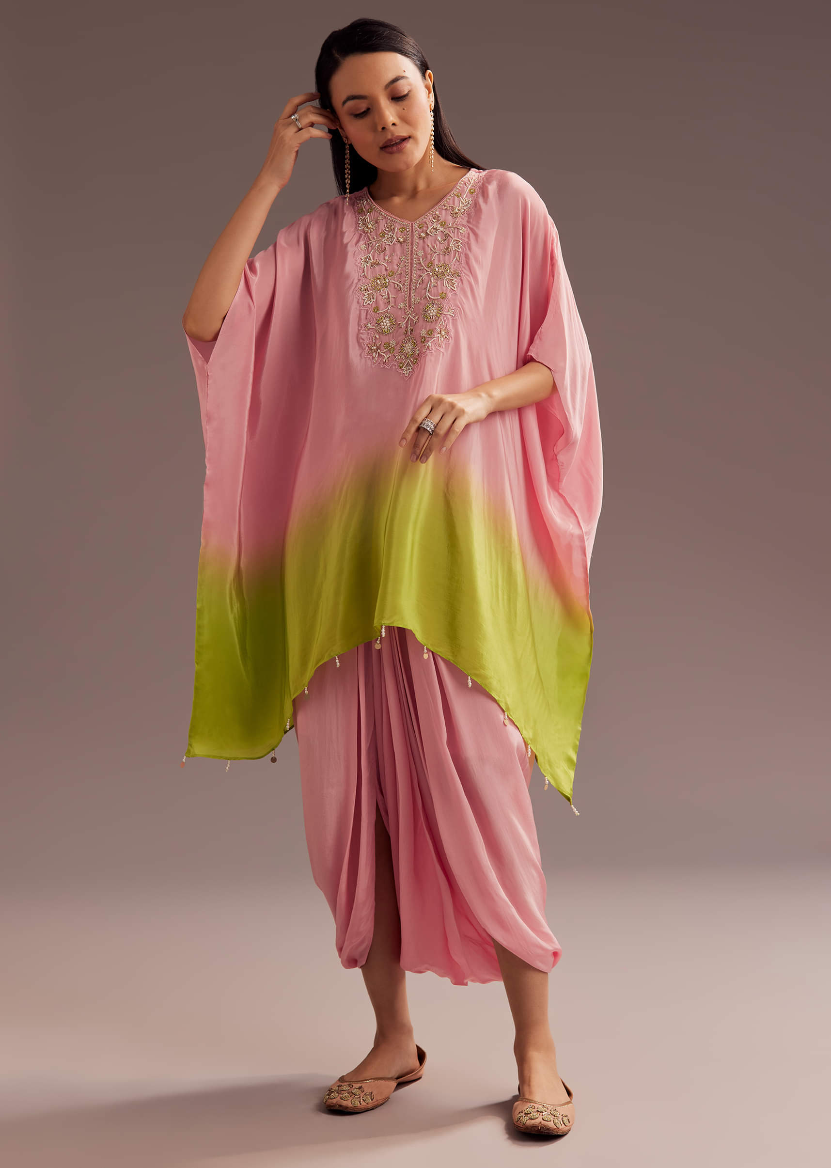 Buy Pink Ombre Moti Zardosi Crepe Kaftan Kurta Dhoti Set| KALKI Fashion ...