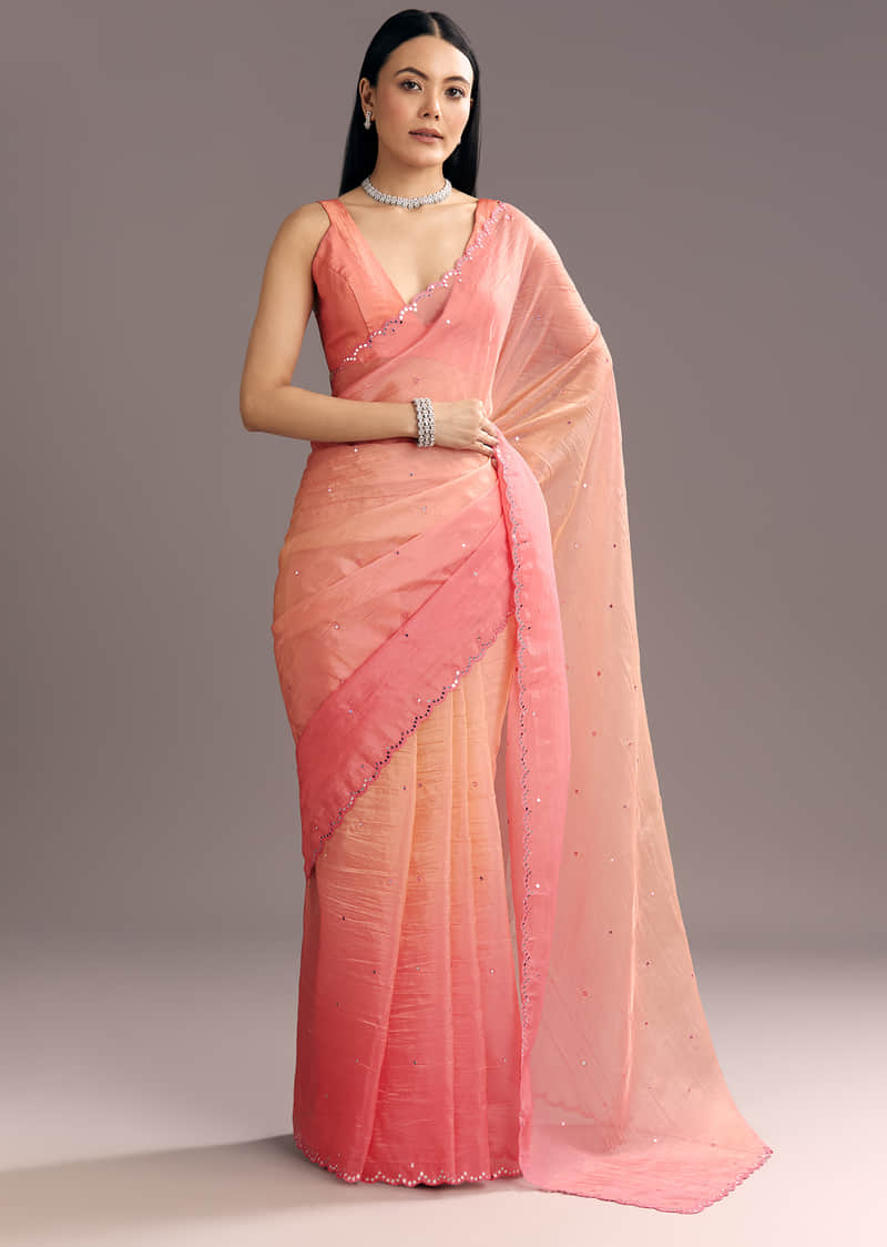 Buy Pink Peach Shaded Crushed Tissue Mirror Embroidered Saree With ...
