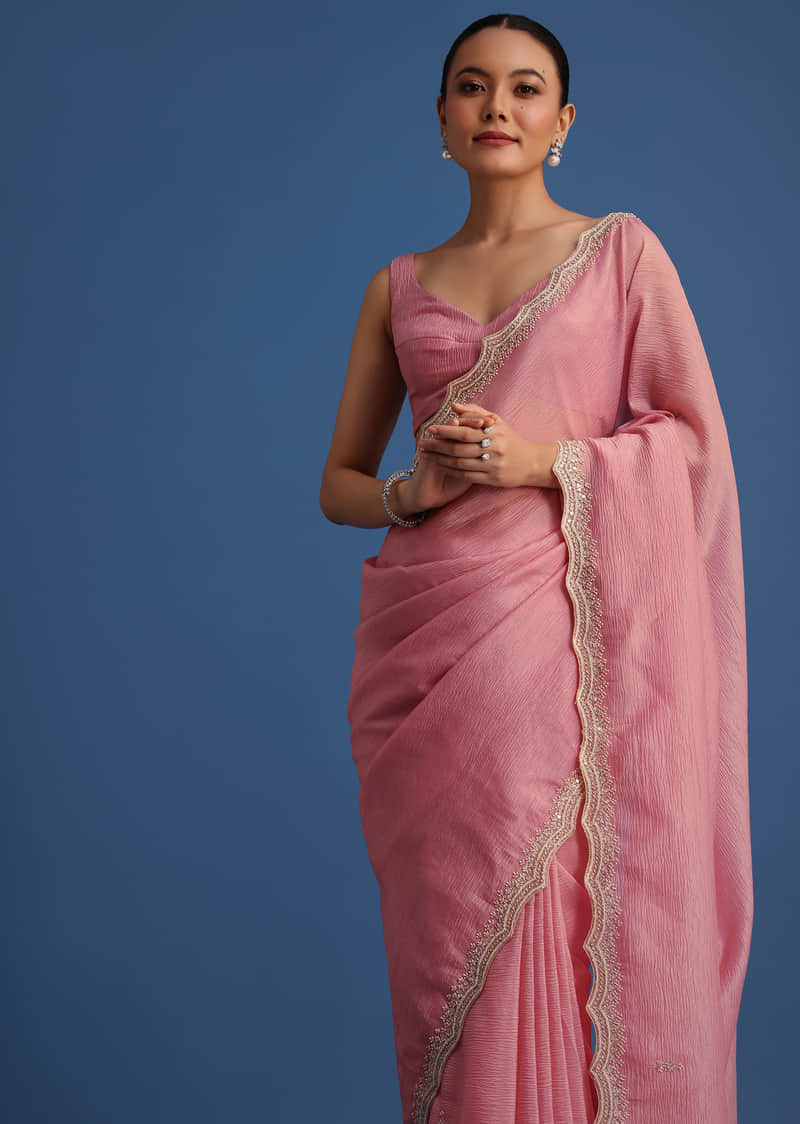 Buy Pink Crushed Tissue Saree With Embroidered Border | KALKI Fashion ...