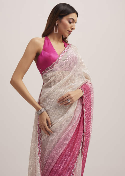 Buy Pink Dual Shaded Sequins Saree With Scallop Border| KALKI Fashion India