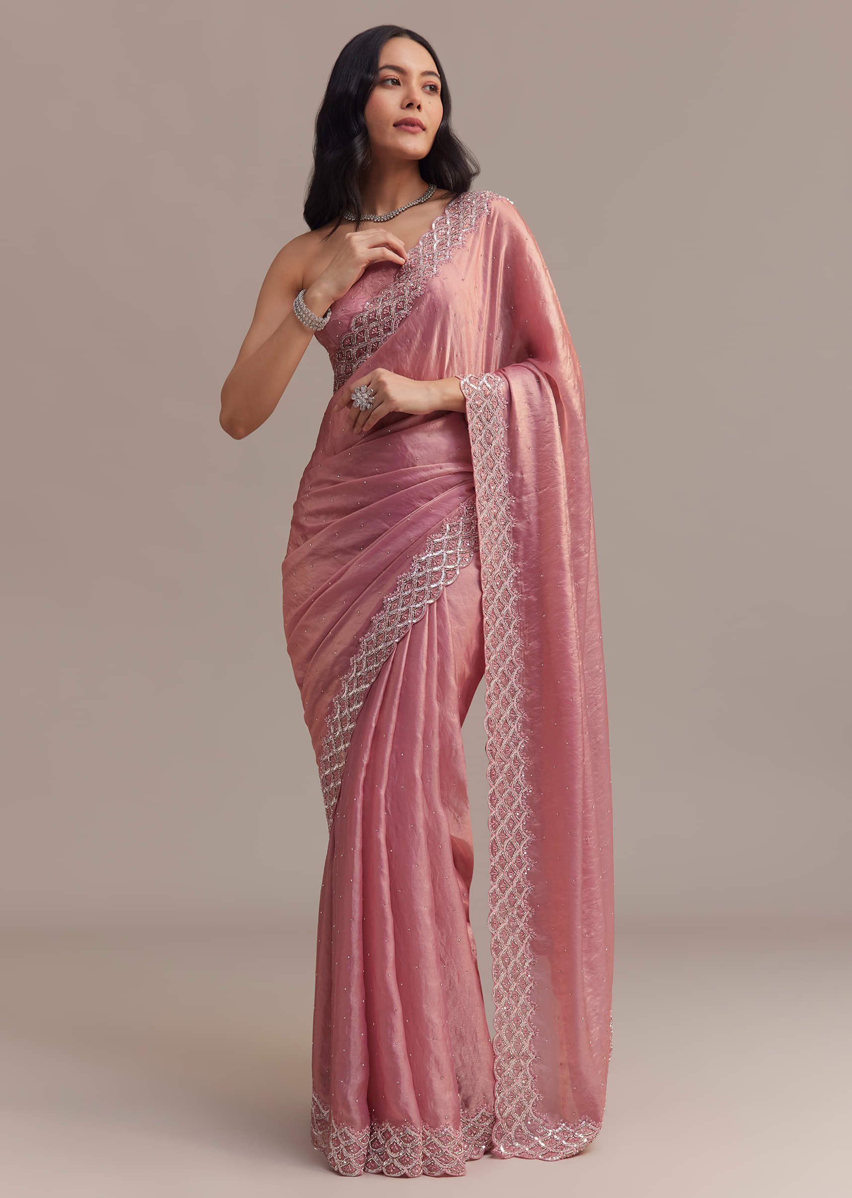 Buy Pink Glass Tissue Saree With Sequins And Moti Embroidered Border ...