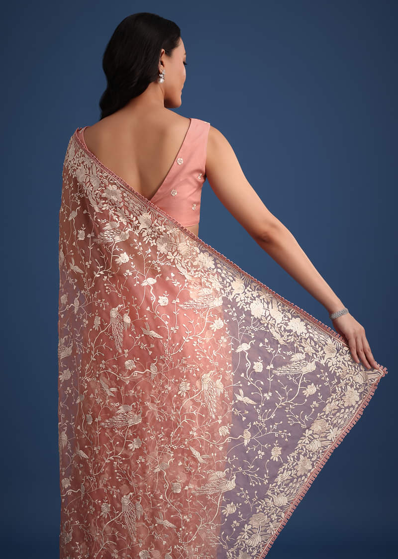 Buy Pink Organza Saree With Resham Jaal Embroidery | KALKI Fashion India
