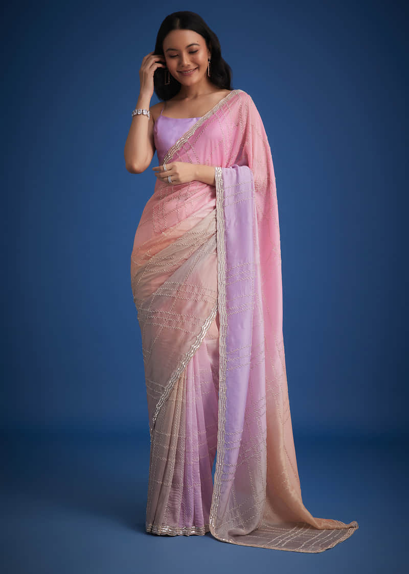 Buy Lavender Shaded Soft Tissue Embroidered With Cudtana And Sequin ...