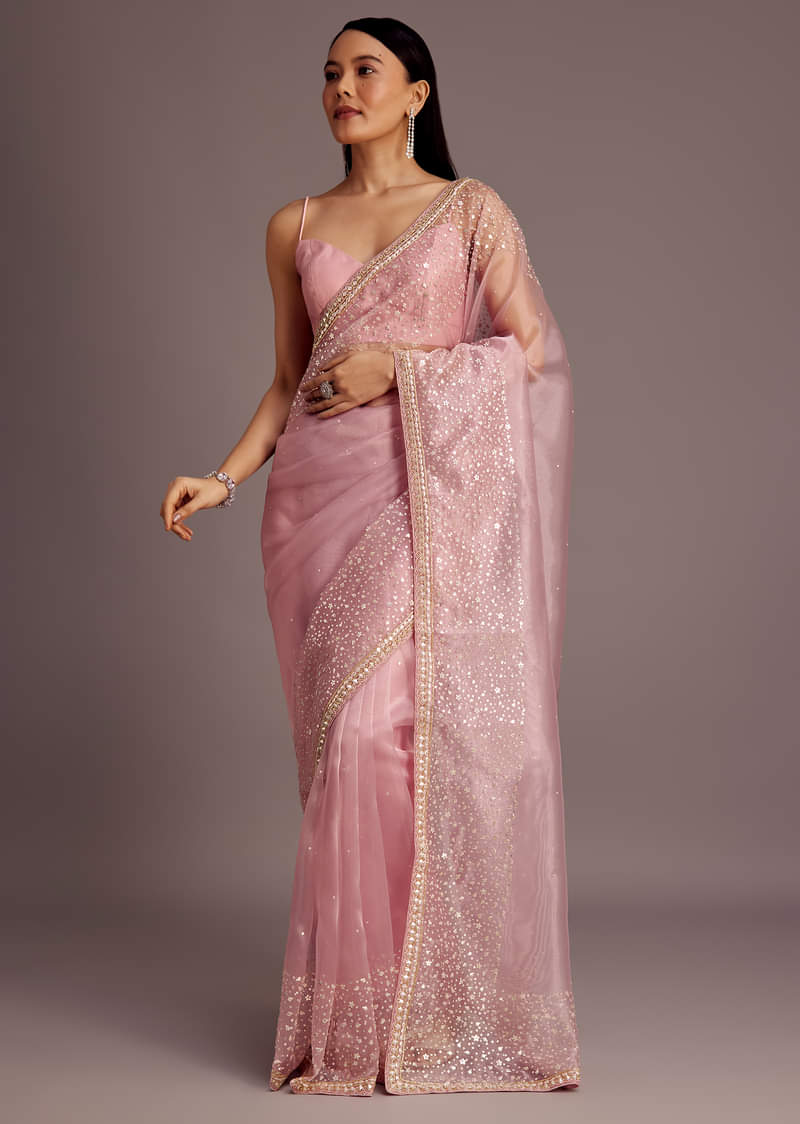 Buy Pink Tissue Saree With Sequins Embellished Border