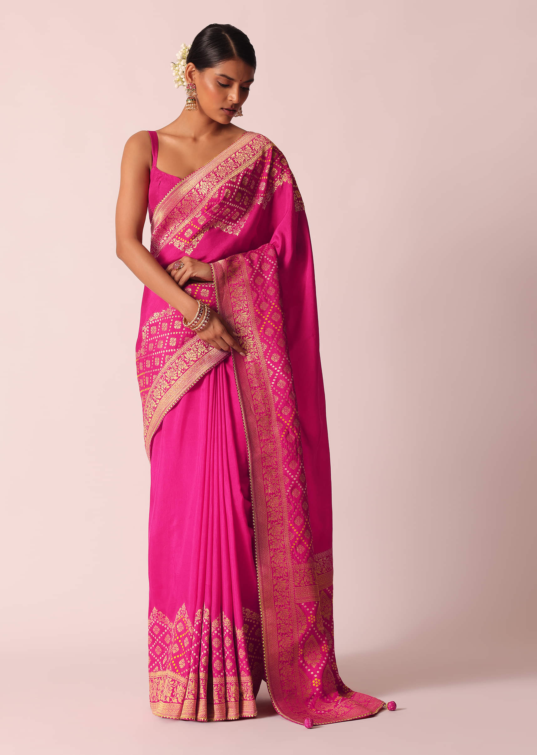 Buy Pink Woven Saree In Silk With Bandhani Motifs And Unstitched Blouse Piece | KALKI Fashion India