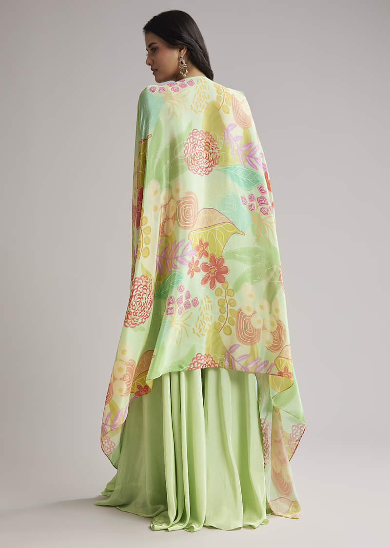 Buy Pista Green Floral Cape Set With Crop Top And Palazzo