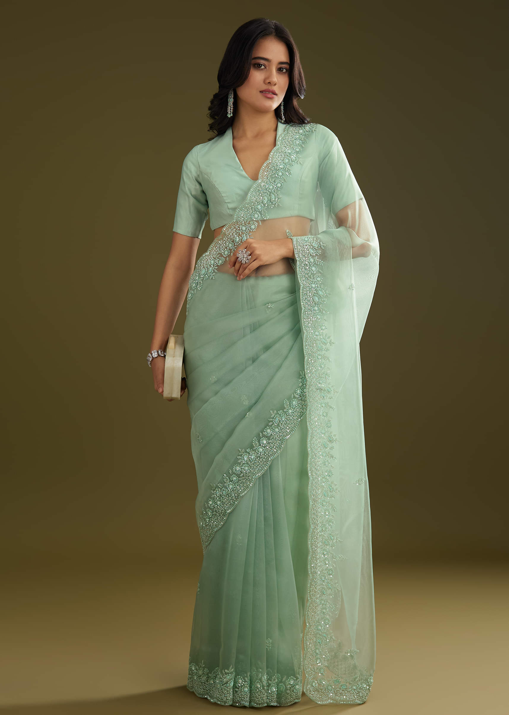 Buy Pista Green Tissue Saree With Embroidered Scallop Border