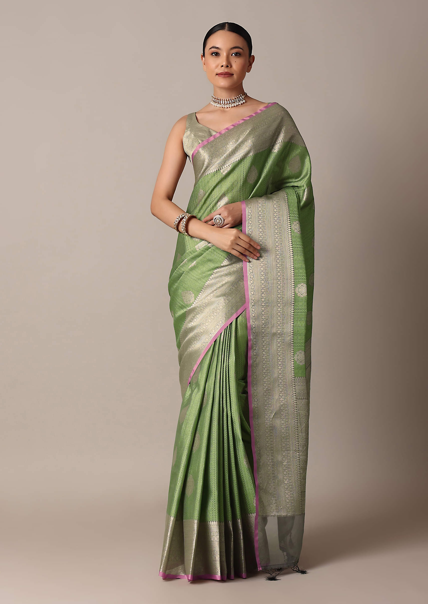 Buy Pista Green Banarasi Tunchui Silk Saree With Woven Motifs And ...