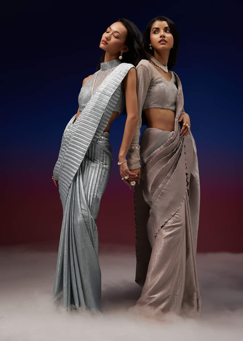 Buy Powder Blue Silver Foil Open Saree With Net Blouse