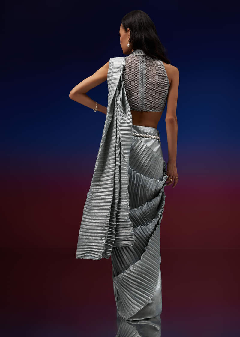 Buy Powder Blue Silver Foil Open Saree With Net Blouse