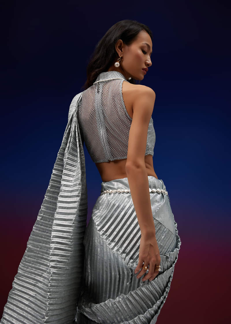 Buy Powder Blue Silver Foil Open Saree With Net Blouse