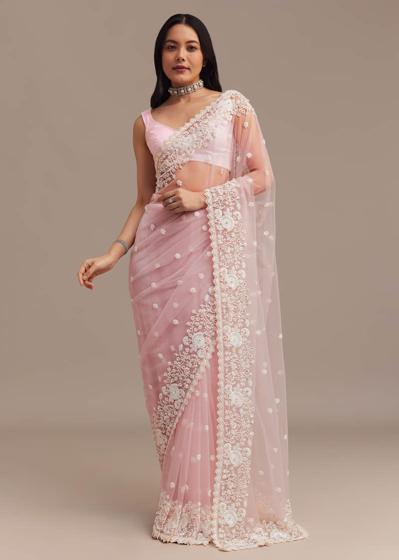 Buy Powder Pink Net Saree Embroidered With Beads And Sequins