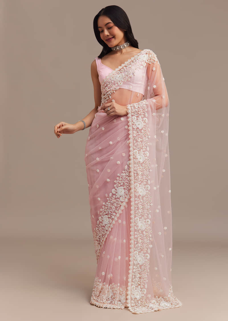 Buy Powder Pink Net Saree Embroidered With Beads And Sequins