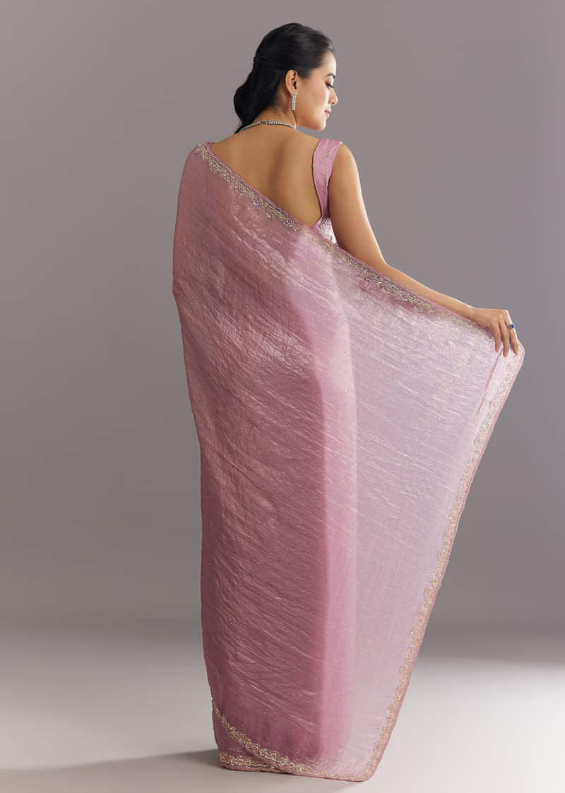 Buy Purple Crushed Tissue Saree With Stone Embellishment And ...