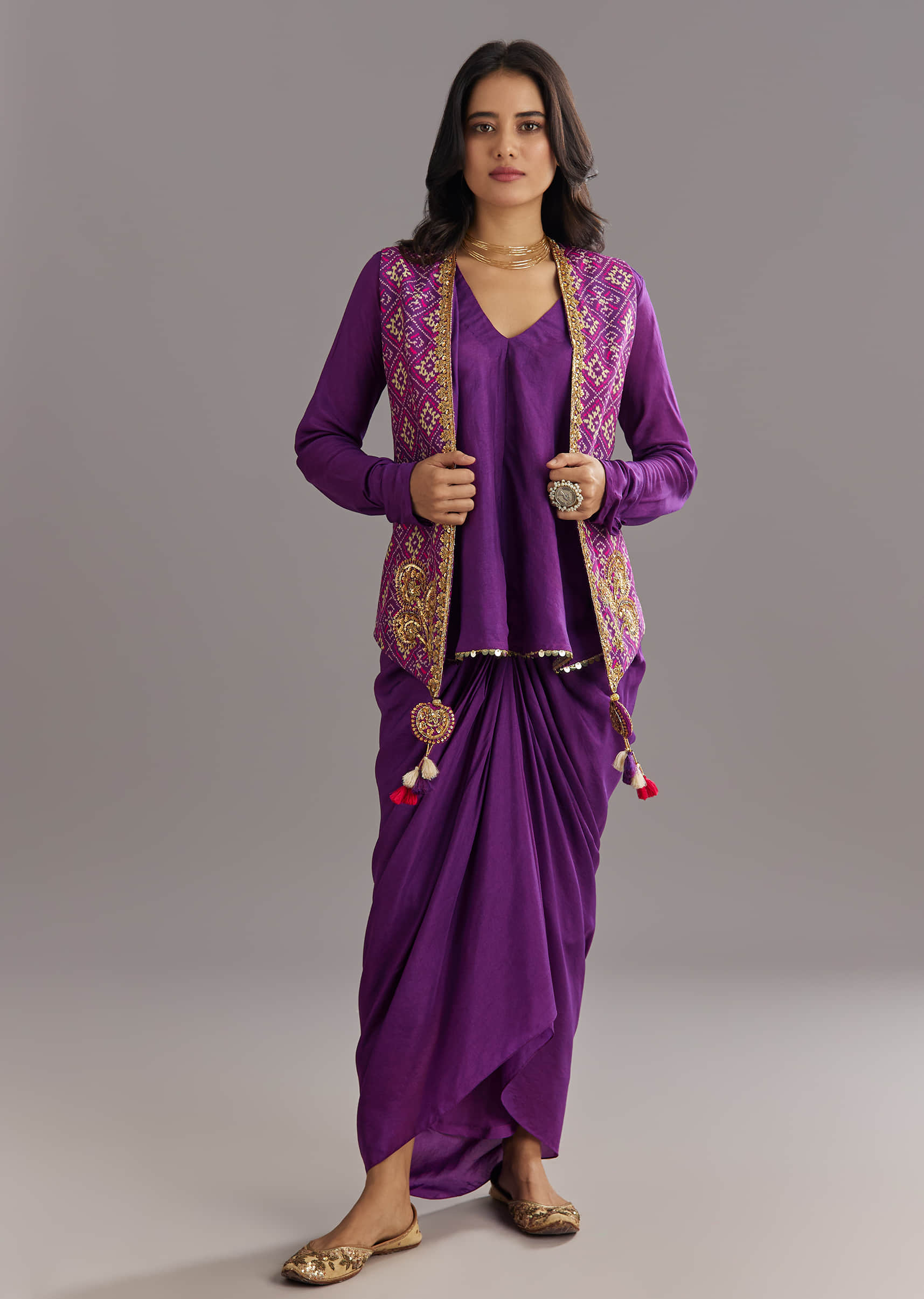 Buy Purple Russian Silk Jacket Set With Zardosi Border and Fancy ...