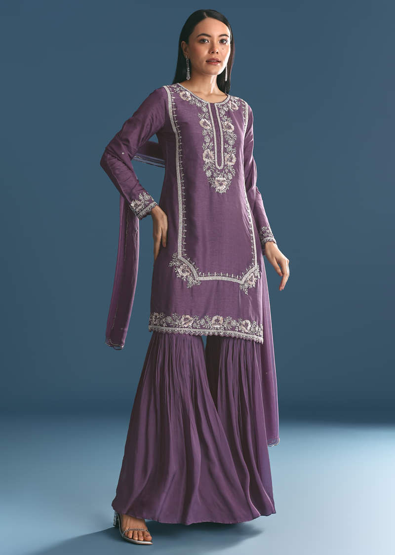 Buy Purple Silk Sequin Work Kurta Sharara With Supatta