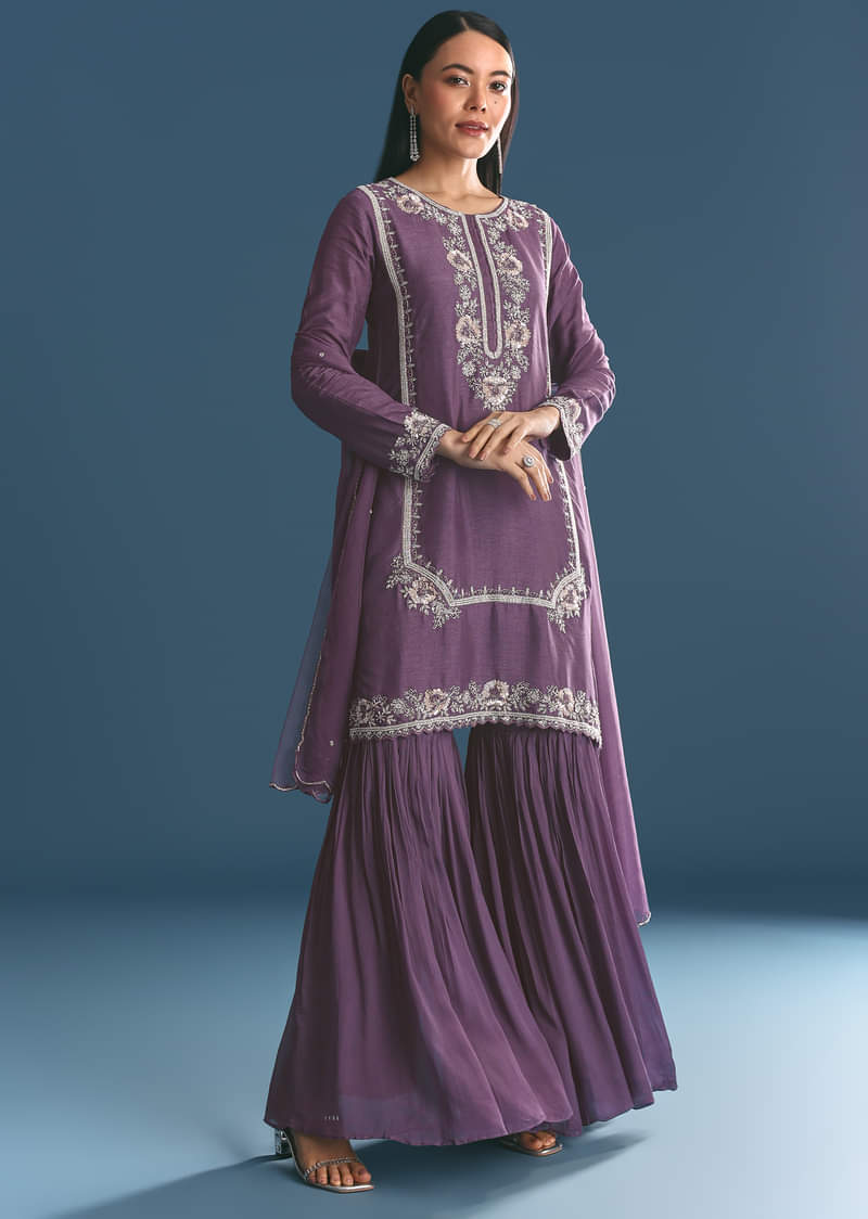 Buy Purple Silk Sequin Work Kurta Sharara With Supatta