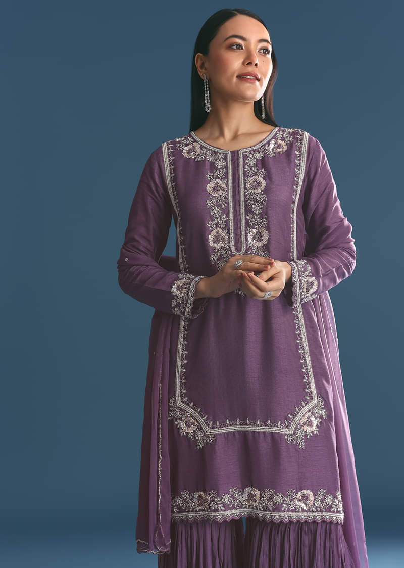 Buy Purple Silk Sequin Work Kurta Sharara With Supatta